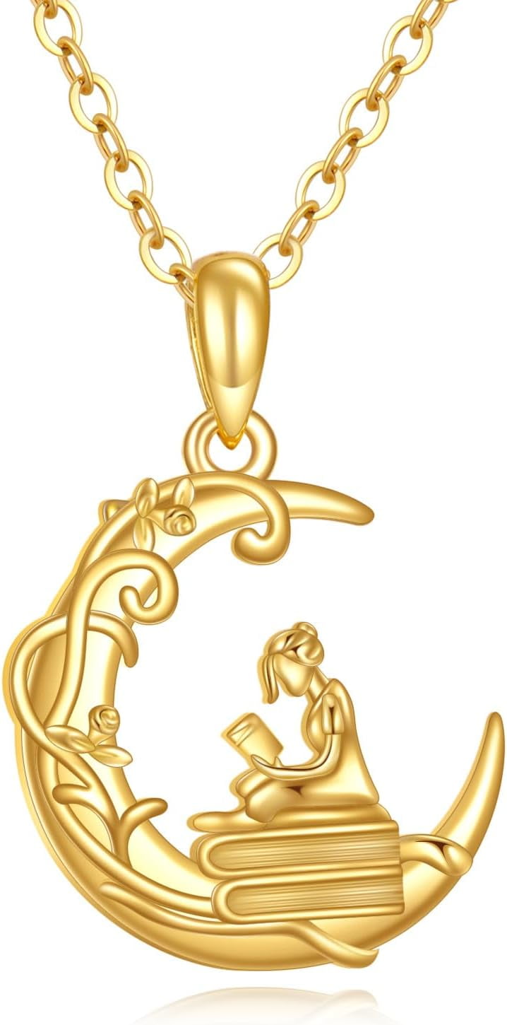 14K Solid Gold Book Necklace Real Gold Reading Book Pendant Librarian ...