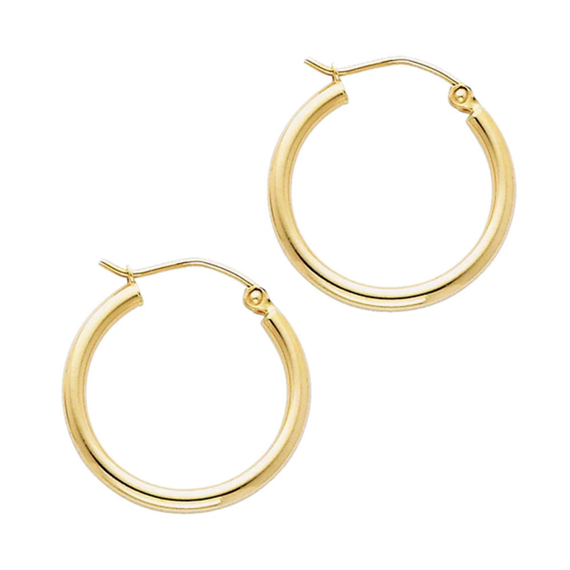 14K Solid Gold Hoop Earrings 20 mm diameter 2 mm wide Secured click top ...