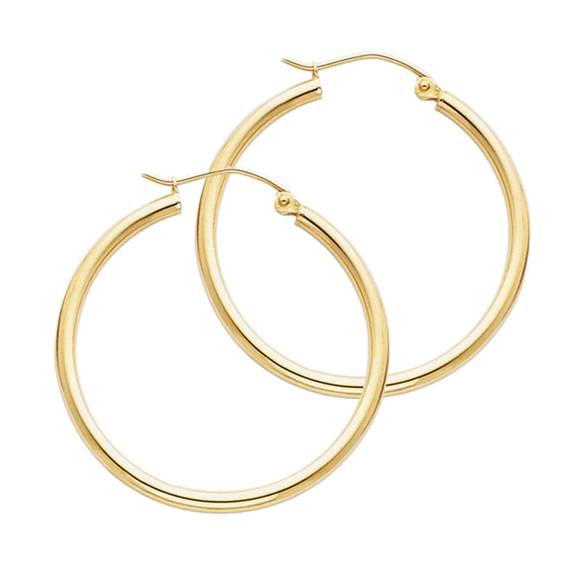 14K Solid Gold Hoop Earrings 30 mm diameter 2 mm wide Secured click top ...