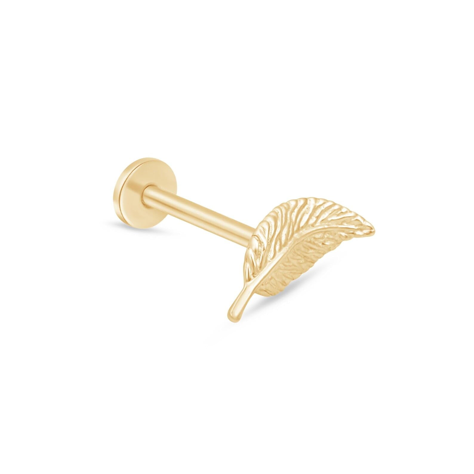 14K Solid Gold Leaf Flat Back Earring for Women New Cartilage Piercing ...