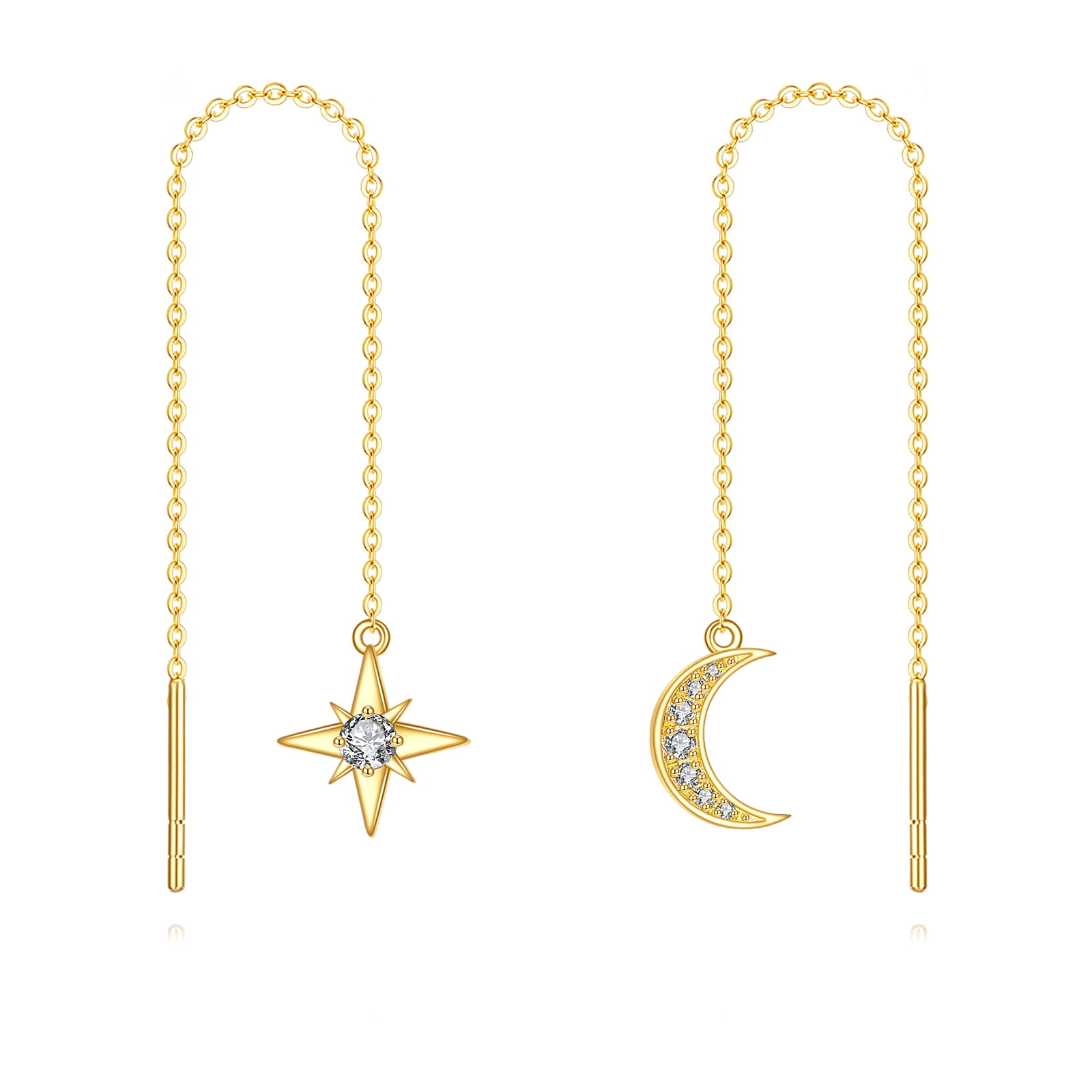 14K Solid Gold Moon and Star Earrings for Women Real Yellow Gold ...