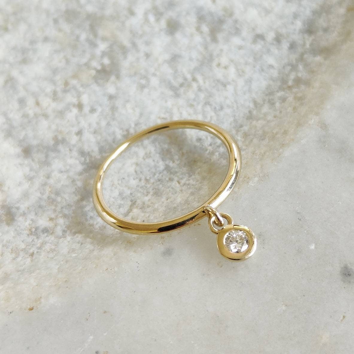 14K Solid Gold Natural Diamond Drop Ring, Dainty Engagement Ring ...