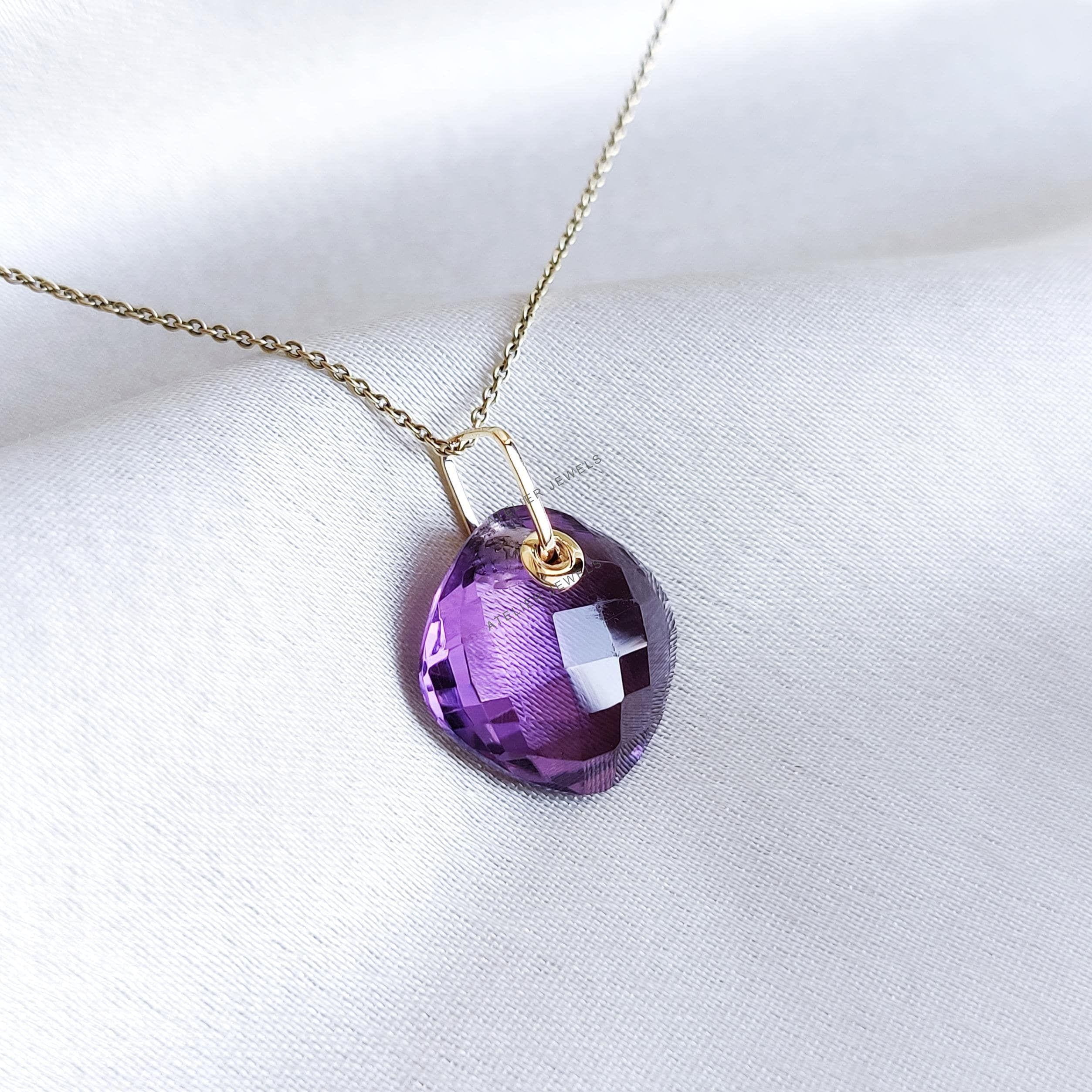14K Solid Gold Natural Purple Amethyst Pendant, Square Briolette ...