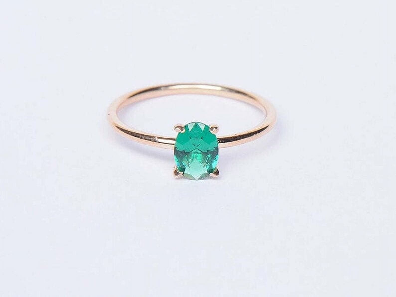 14K Solid Gold Oval Emerald Minimalist Ring, Stackable Ring, Rose Gold ...