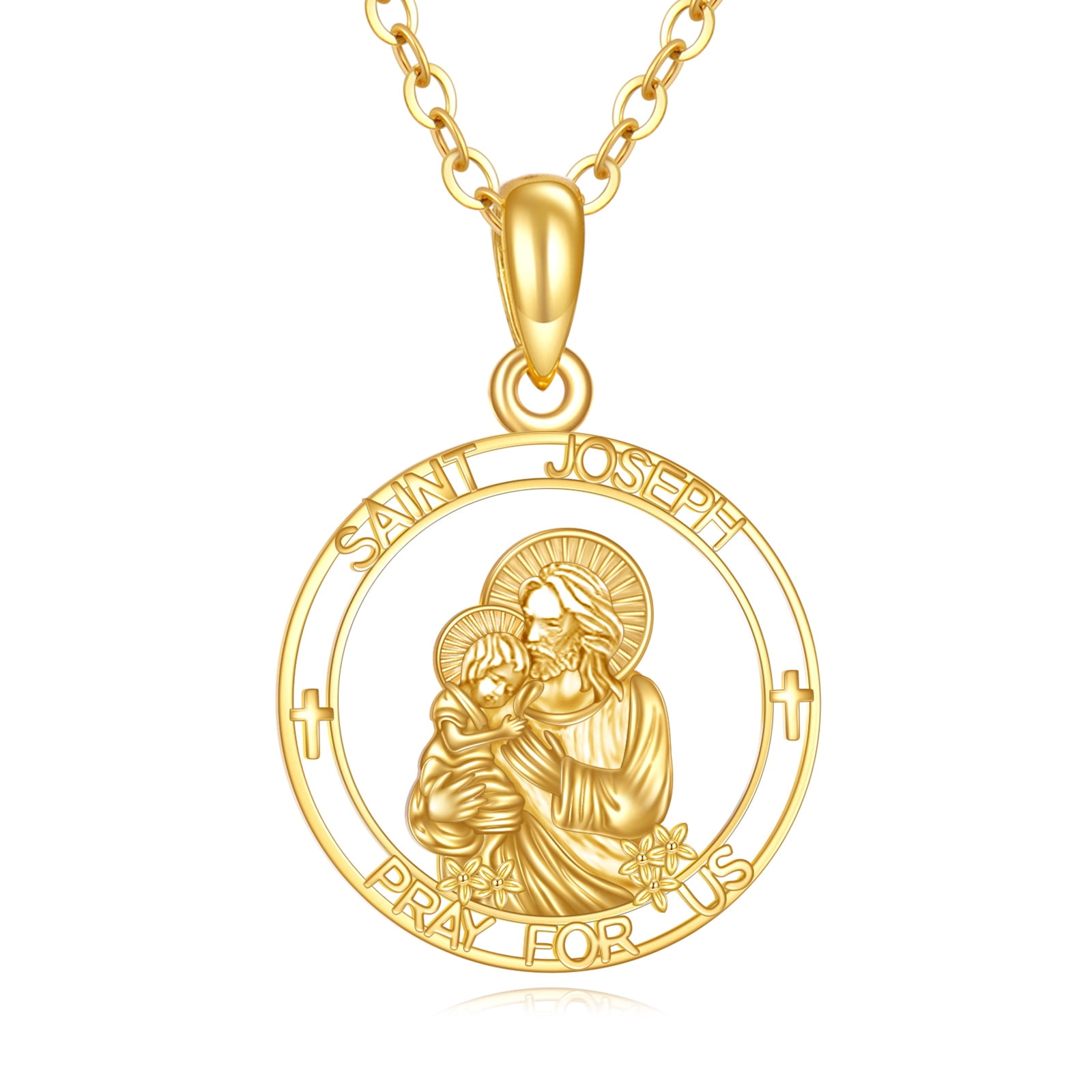 14K Solid Gold Saint Joseph Necklace Patron Saint Pendant 14K Real Gold ...