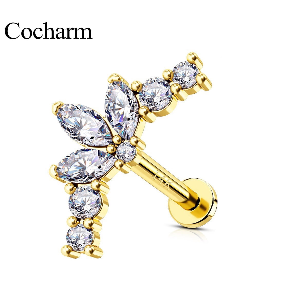 14K Solid Gold Zircon 16G 8mm Cartilage Labret Nose Stud Internal ...