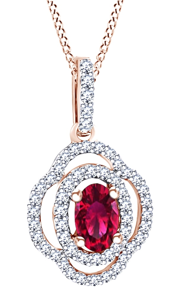 AFFY 14K Solid Rose Gold Simulated Oval Shape Pink Ruby With Natural ...