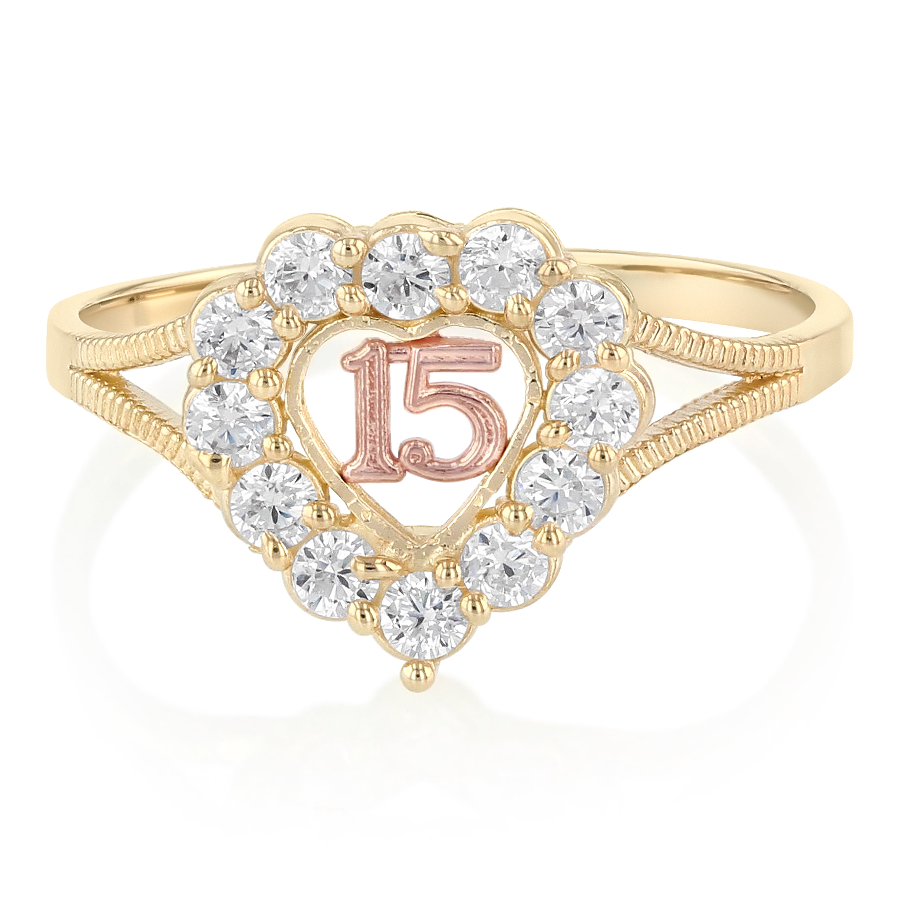 14K Solid Tri Color Gold Sweet 15 Anos 15 Years Birthday Quinceanera CZ ...
