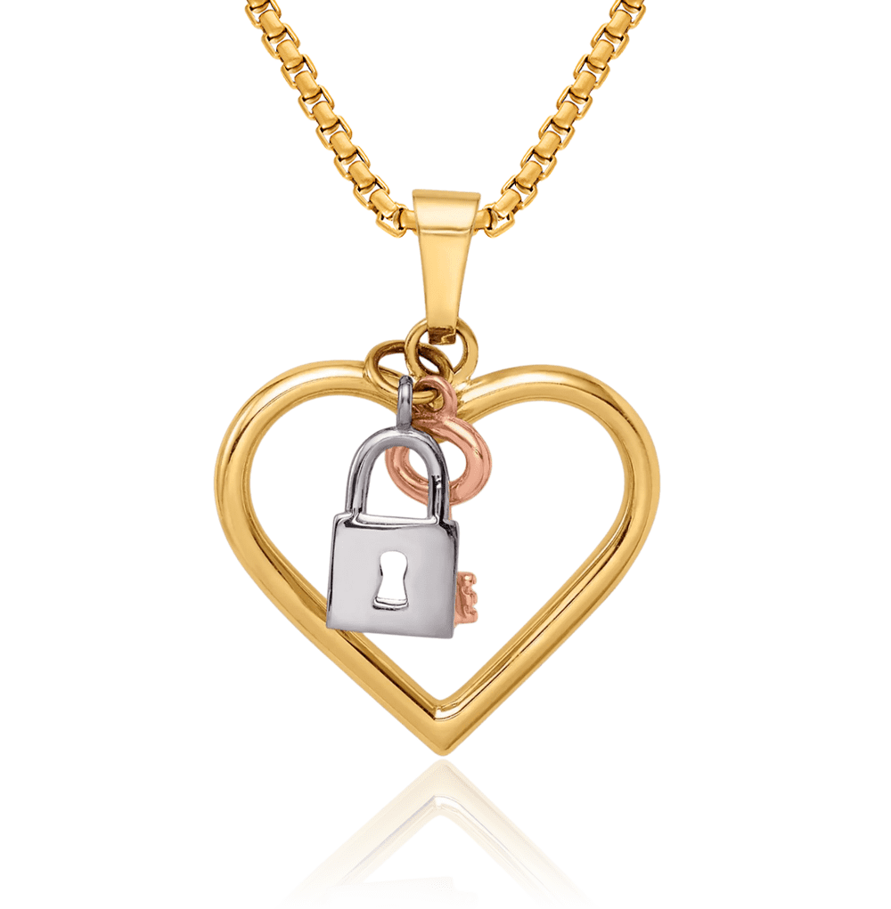 14K Solid Tri Color Pink White Yellow Gold Heart Lock Key Necklace Chain Pendant Charm with ...