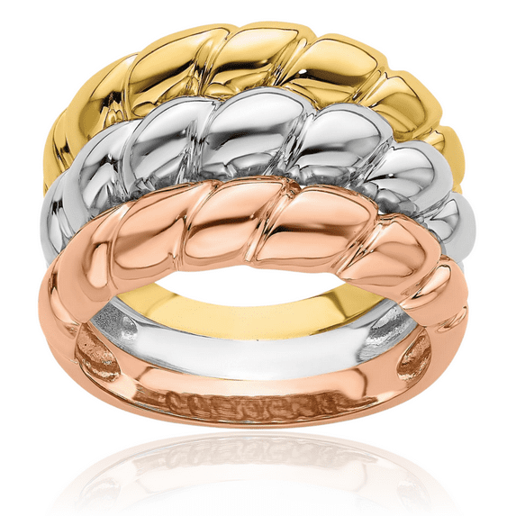 14K Solid Tri Color Pink White Yellow Gold Triple Shrimp Croissant Twisted Chunky Dome Statement ...