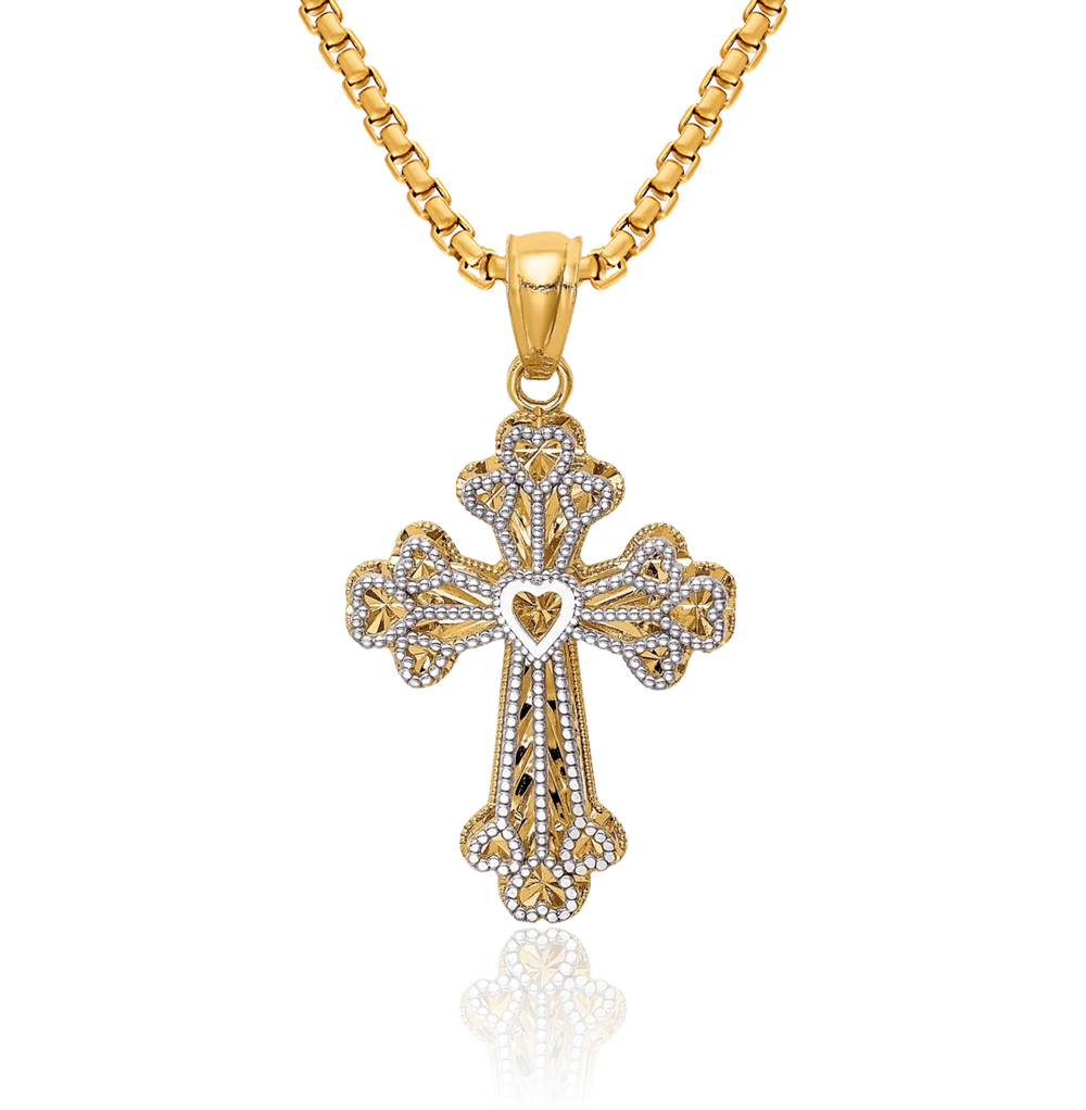 14K Solid Two Tone Gold Antique Filigree 2 Level Heart Holy Cross ...
