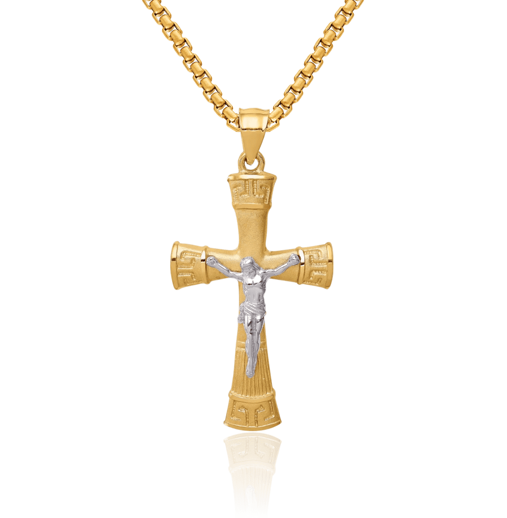 14K Solid Two Tone Gold Greek Key Lord Jesus Christ Crucifix Holy Cross ...