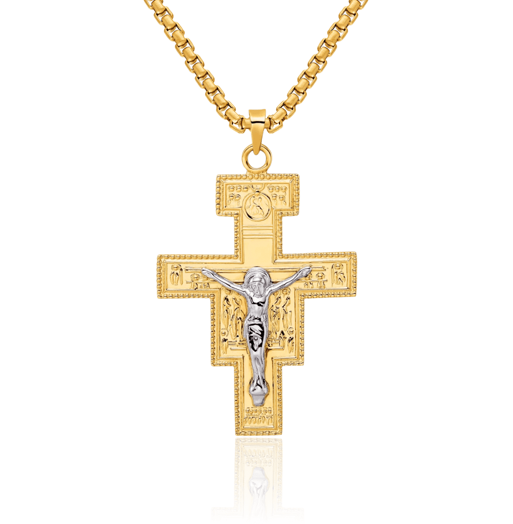 14K Solid Two Tone Gold Holy Cross Necklace Religious Chain Pendant ...