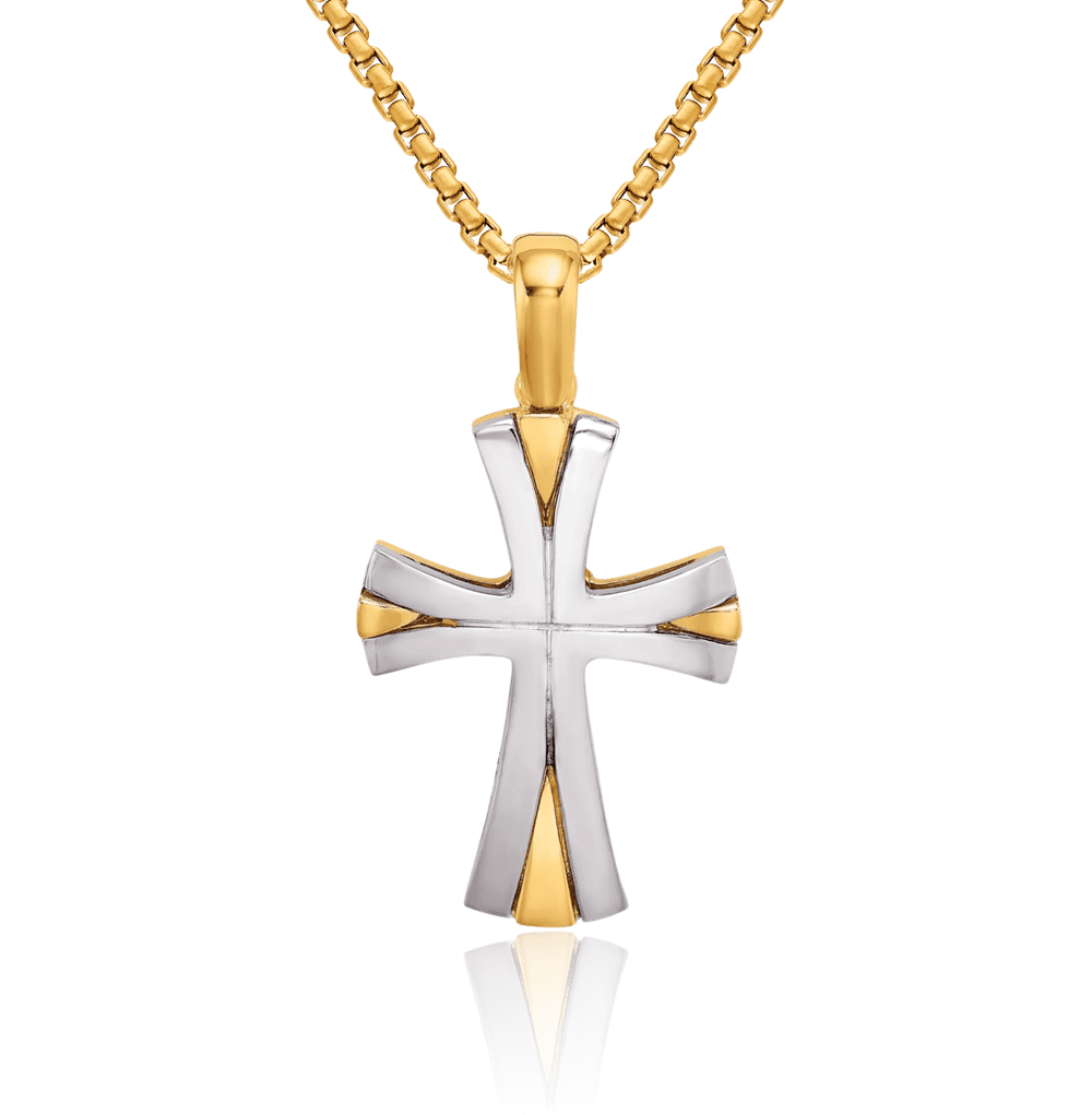 14K Solid Two Tone Gold Holy Cross Necklace Religious Chain Pendant ...