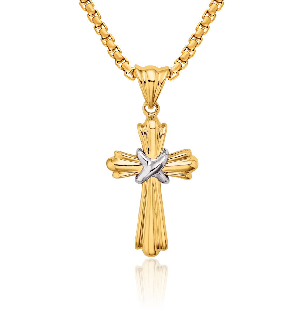 14K Solid Two Tone Gold Holy Cross Necklace Religious Chain Pendant ...