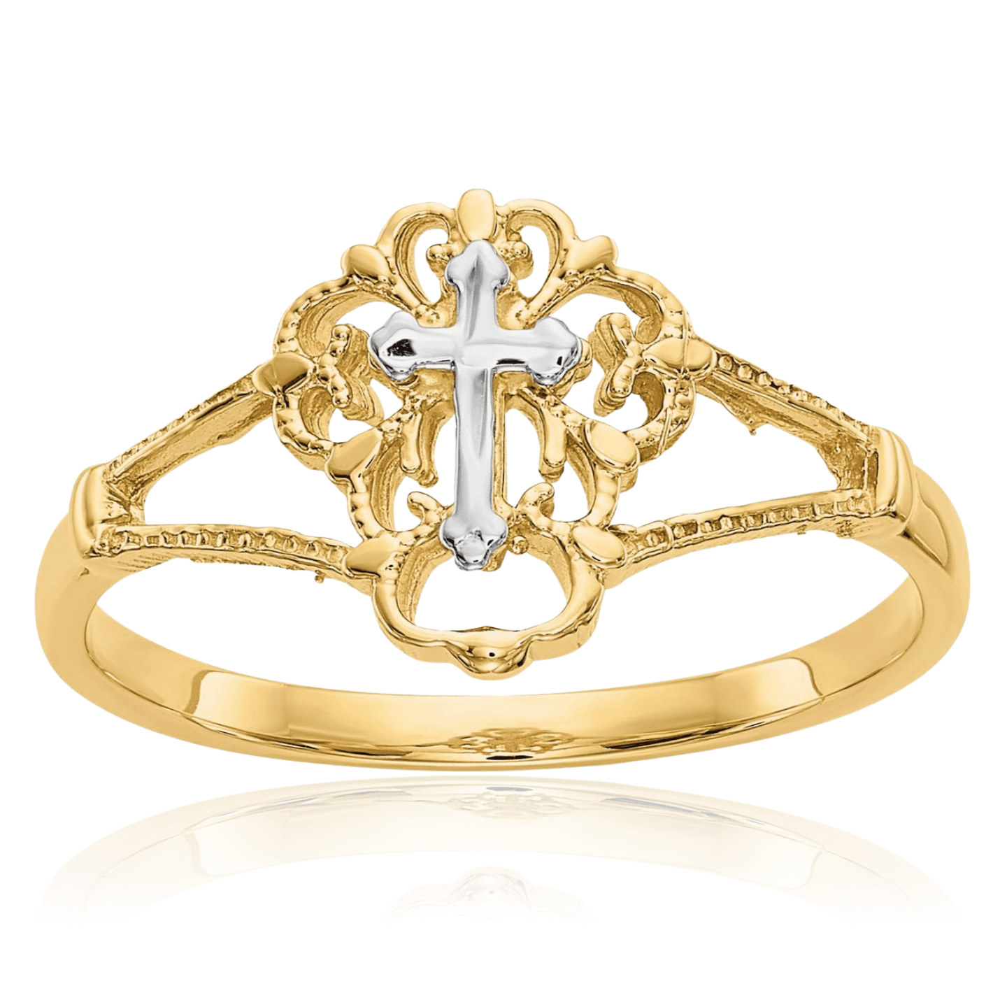 14K Solid Two Tone Gold Holy Cross Ring Christian Religious Band ...