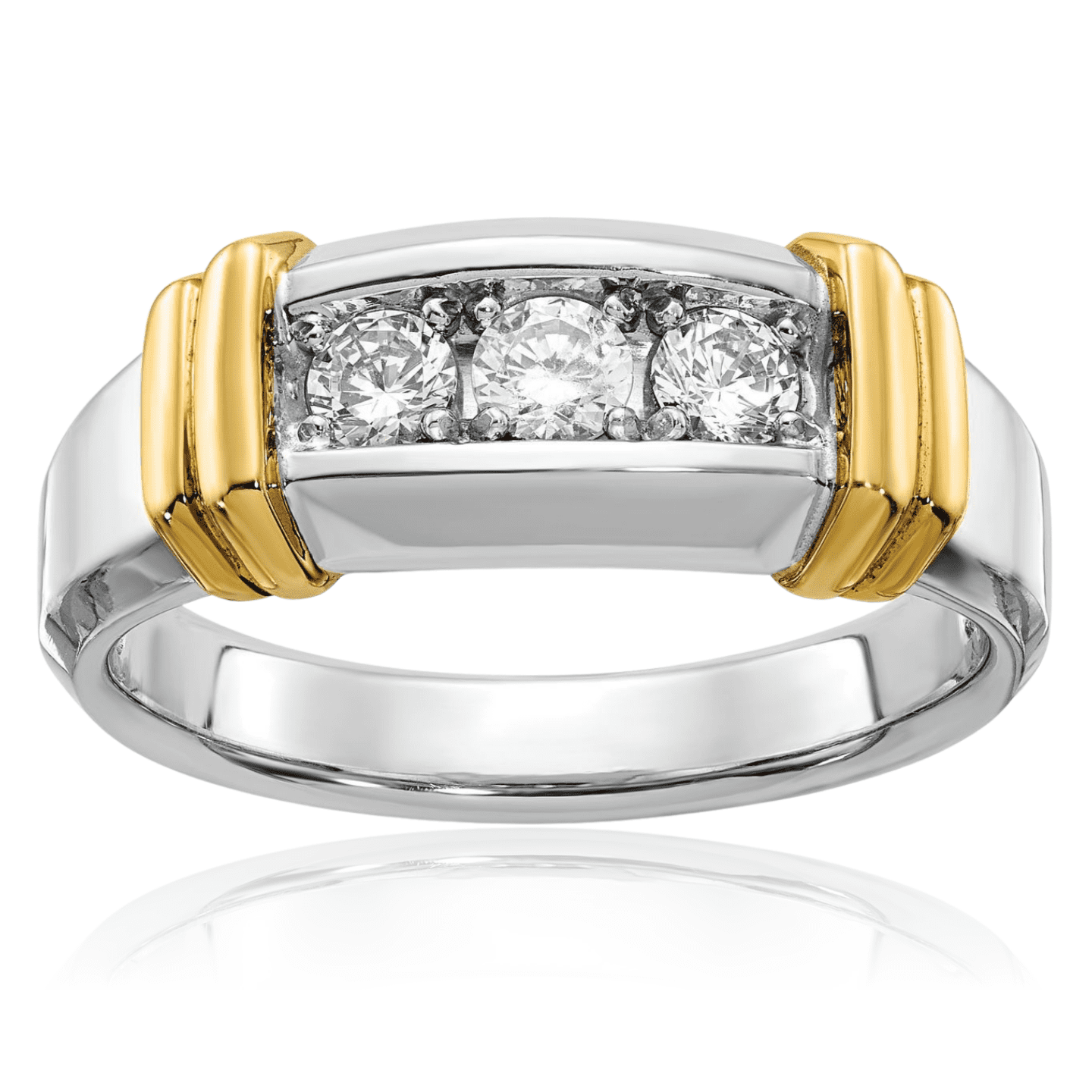 14K Solid Two Tone Gold Mens 3 Stone Diamond Wedding Band Ring ...