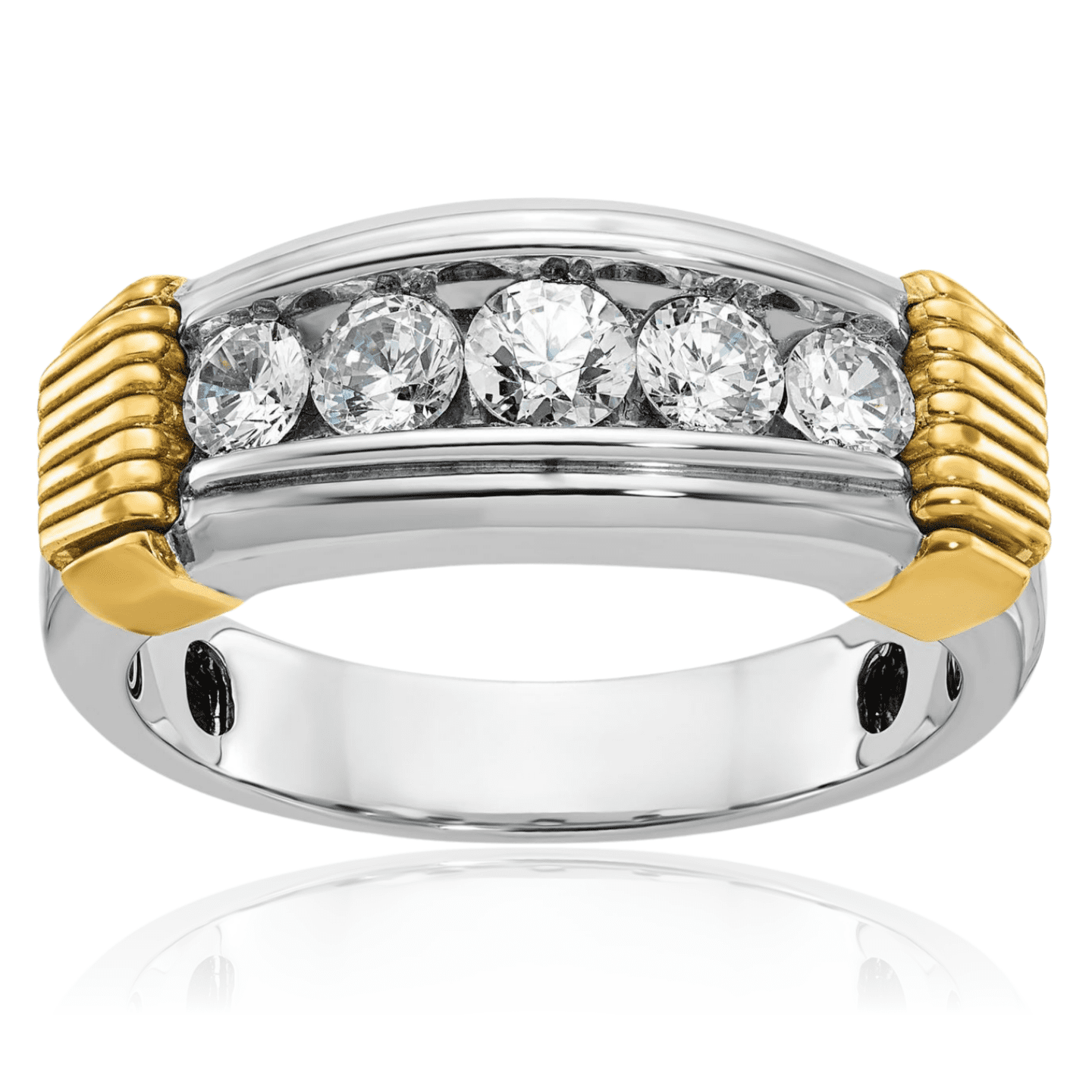 14K Solid Two Tone Gold Mens 5 Stone Diamond Wedding Band Statement ...
