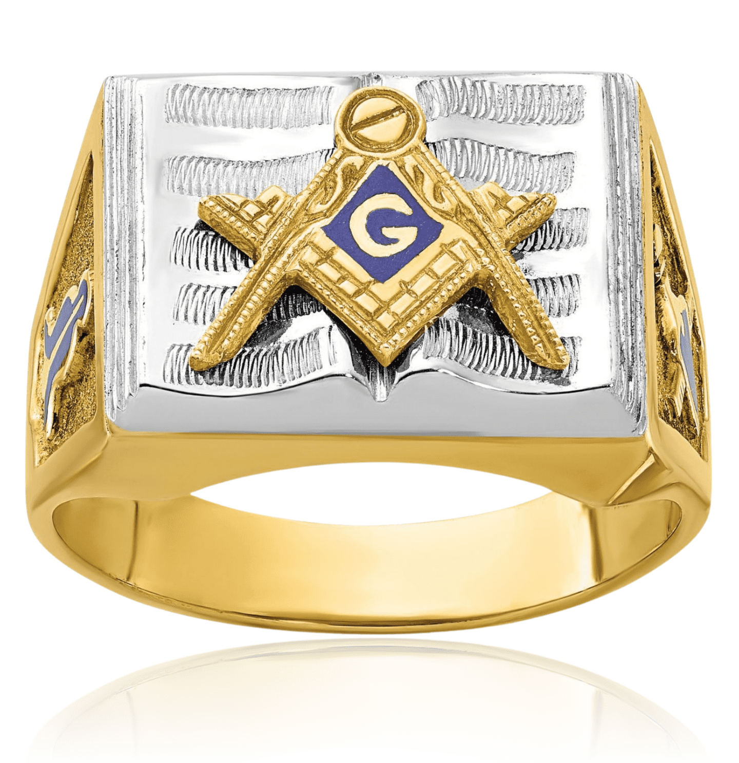 14K Solid Two Tone Gold Mens Blue Lodge Master Mason Signet Freemason ...