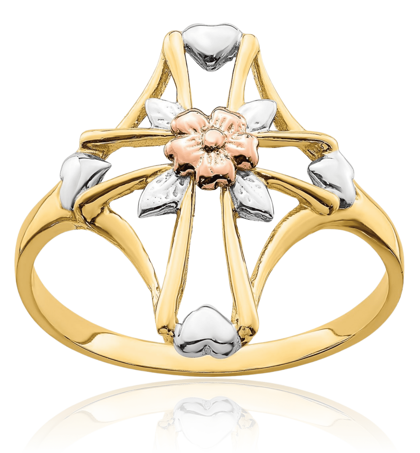14K Solid Two Tone Gold White Holy Cross Flower Ring Christian ...