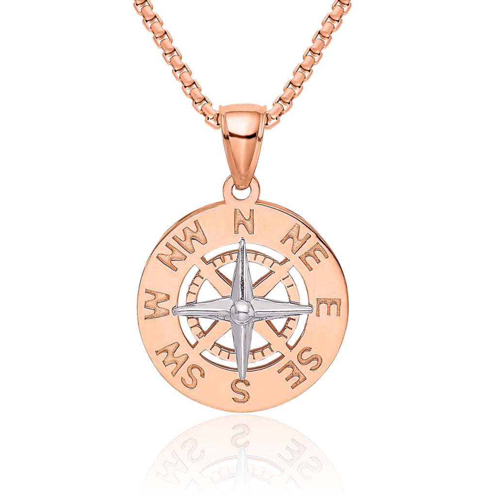 14K Solid Two Tone Rose White Gold Medium Nautical North Star Compass ...