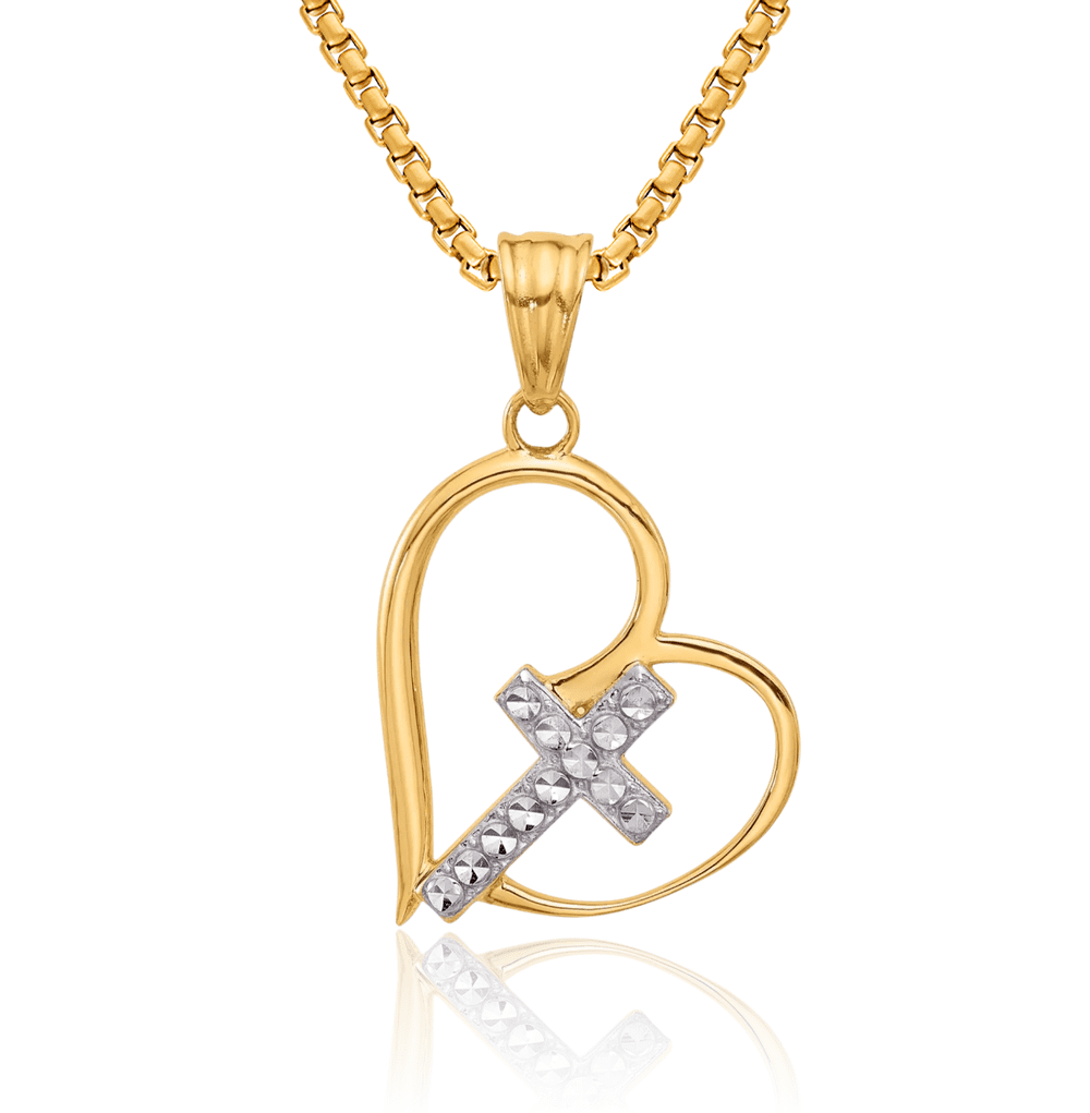 14K Solid Two Tone Yellow White Gold Holy Cross Heart Necklace ...