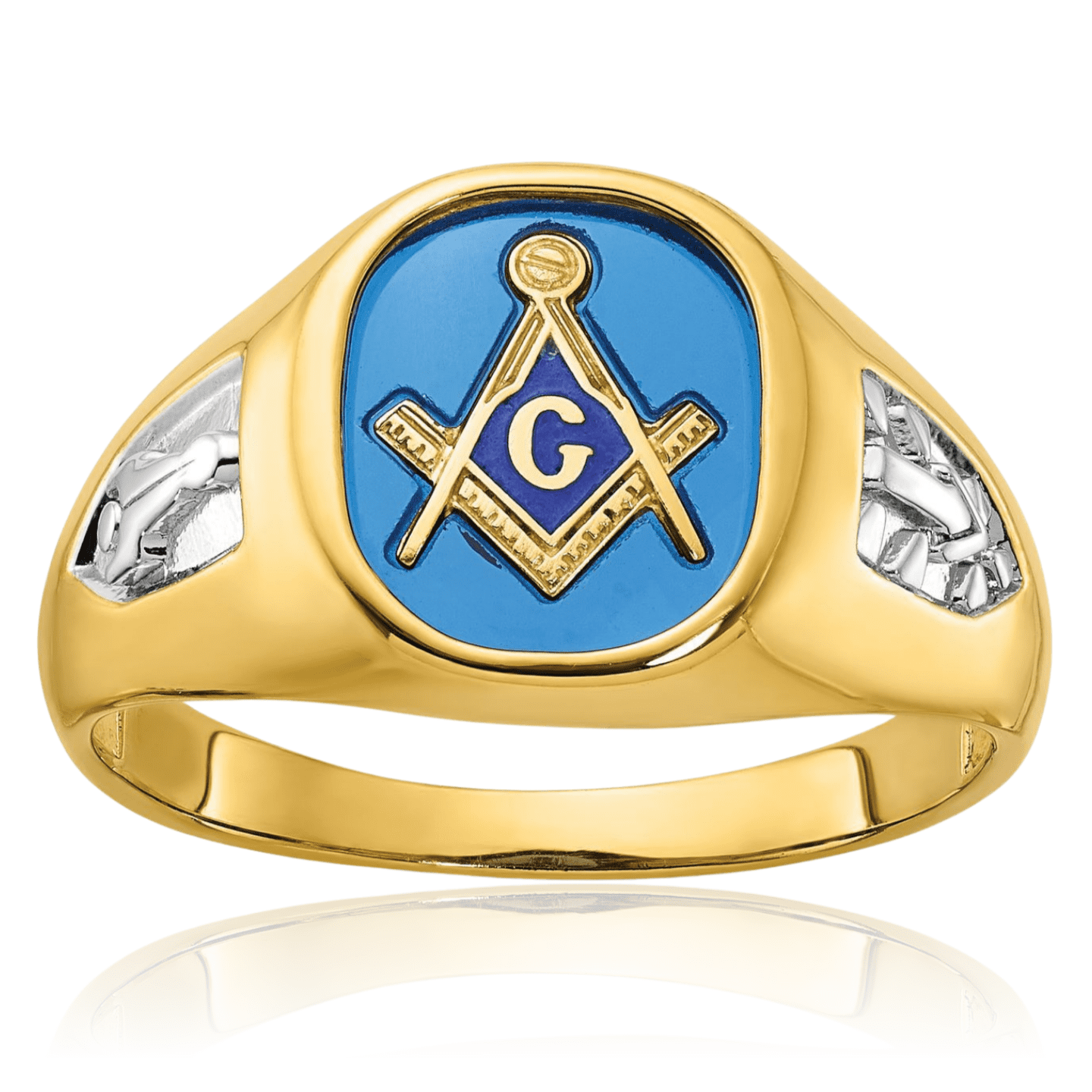 14K Solid Two Tone Yellow White Gold Mens Lab Blue Sapphire Lodge ...