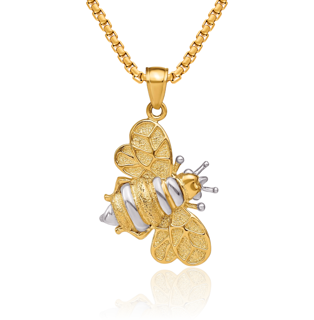 14K Solid Two Tone Yellow White Gold Queen Bumble Bee Necklace Honeybee ...