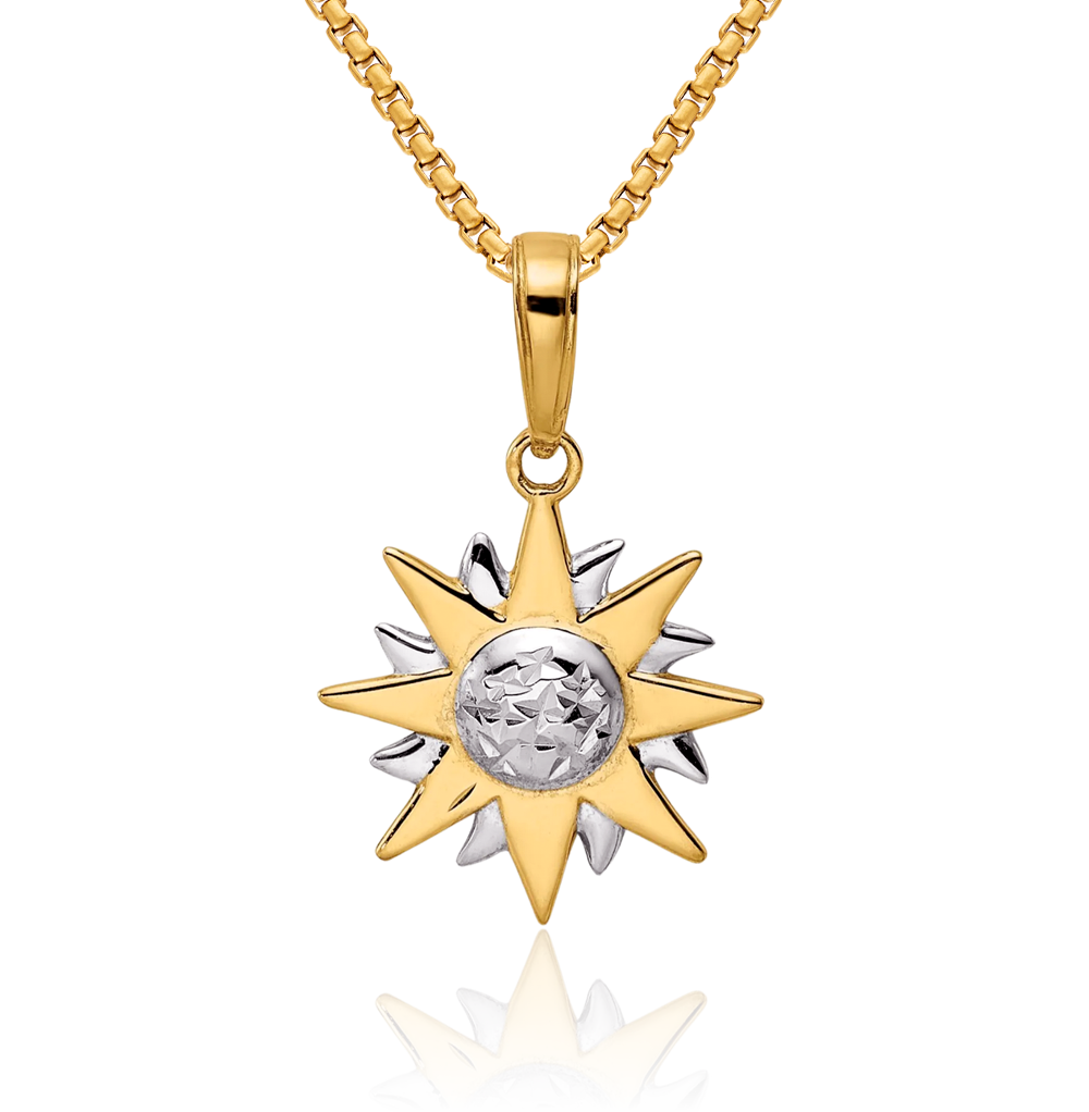 14K Solid Two Tone Yellow White Gold Sun Necklace Sunshine Pendant ...
