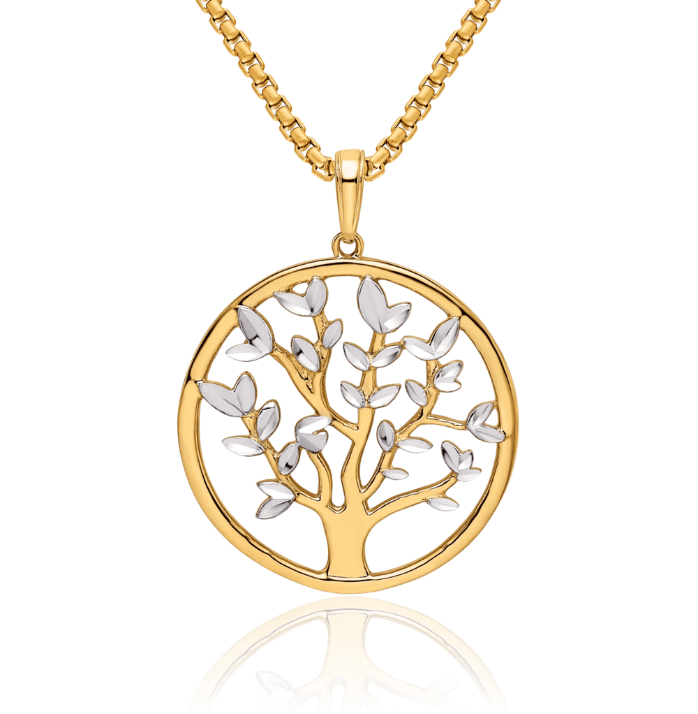 14K Solid Two Tone Yellow White Gold Tree of Life Necklace Chain ...