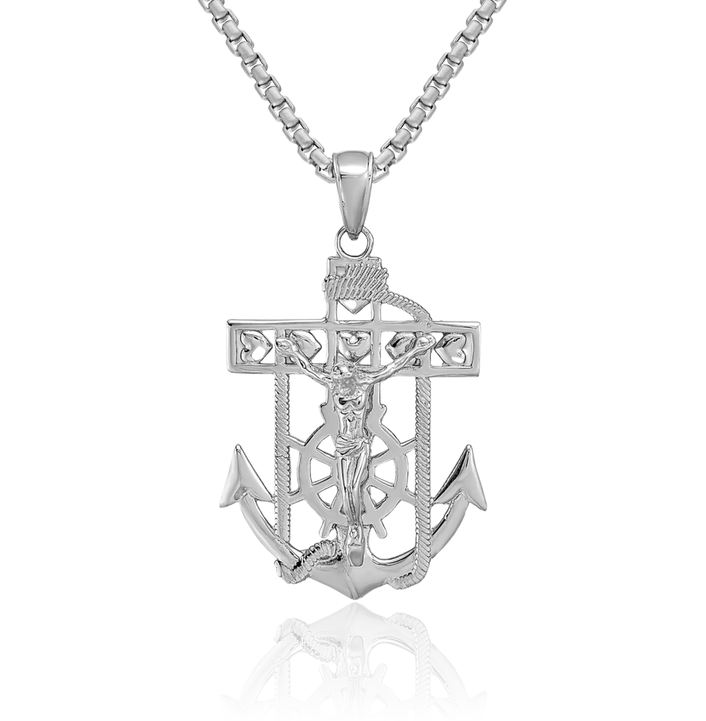14K Solid White Gold Anchor Mariner Lord Jesus Christ Crucifix Holy ...