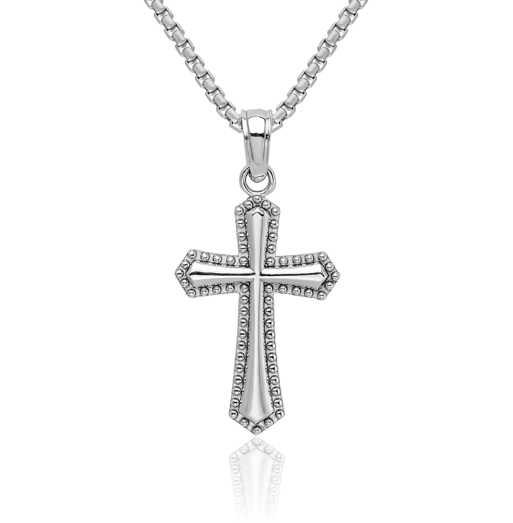14K Solid White Gold Beaded Holy Cross Necklace Religious Chain Pendant ...