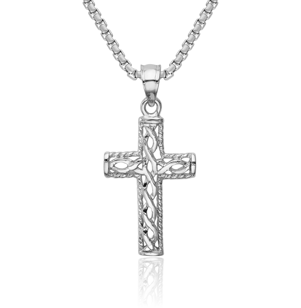 14K Solid White Gold Braided Latin Mexican Holy Cross Necklace ...
