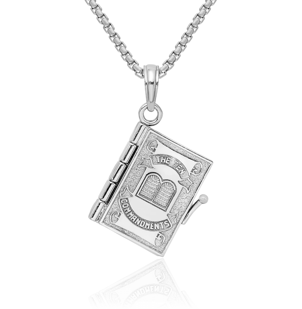 14K Solid White Gold Dangling Ten Commandments Book Necklace Chain ...