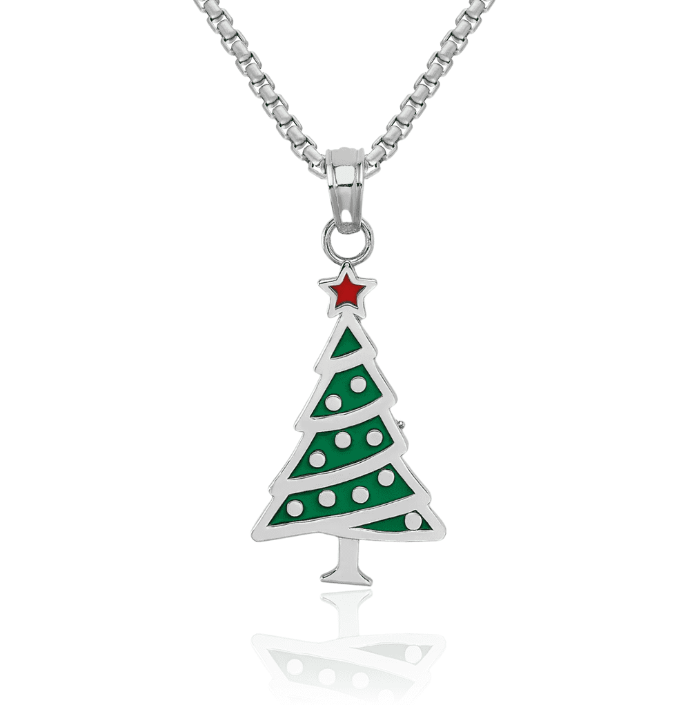 14K Solid White Gold Green Christmas Tree Red Star Necklace Chain ...