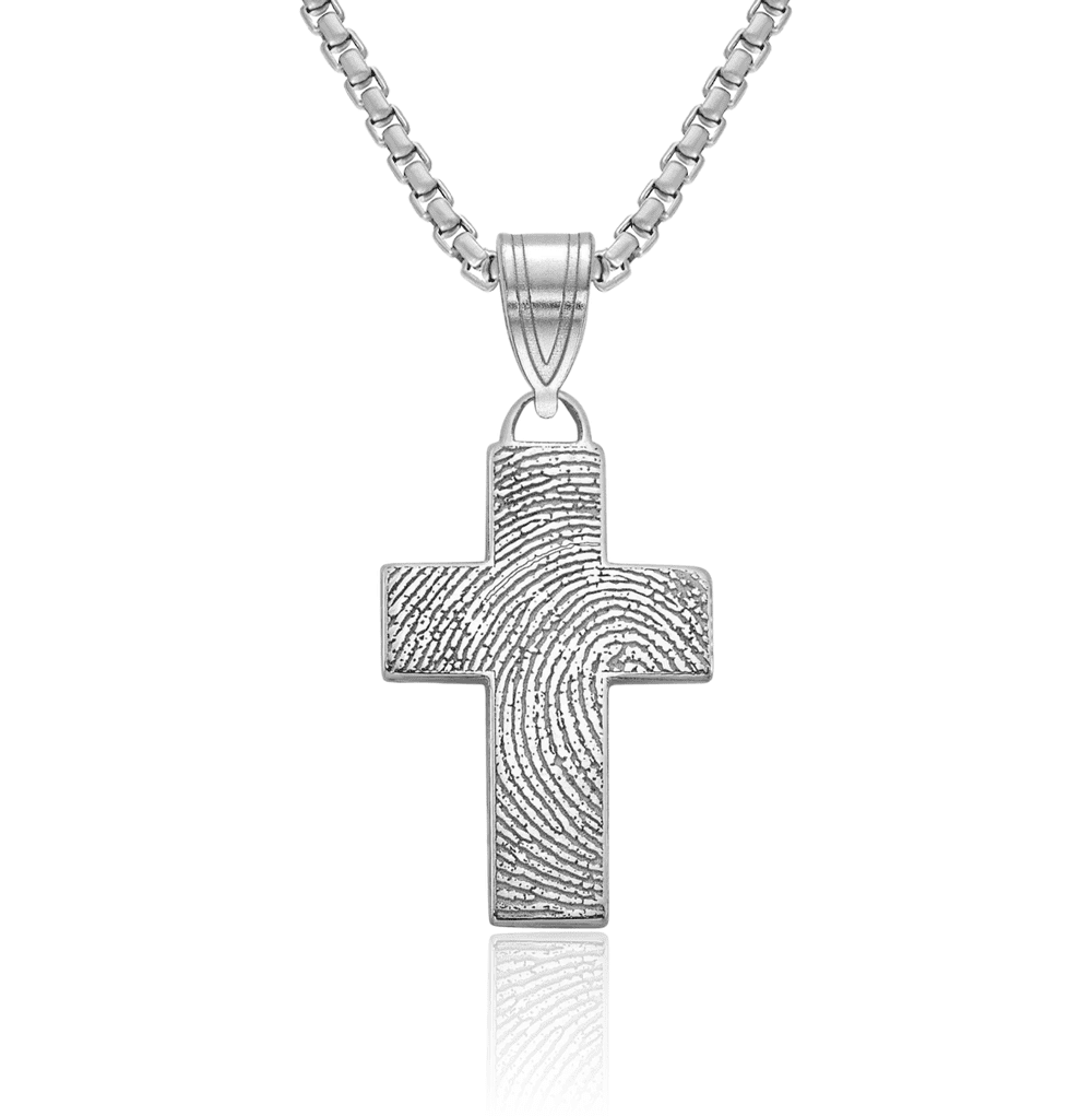 14K Solid White Gold Holy Cross Fingerprint Necklace Religious Chain ...