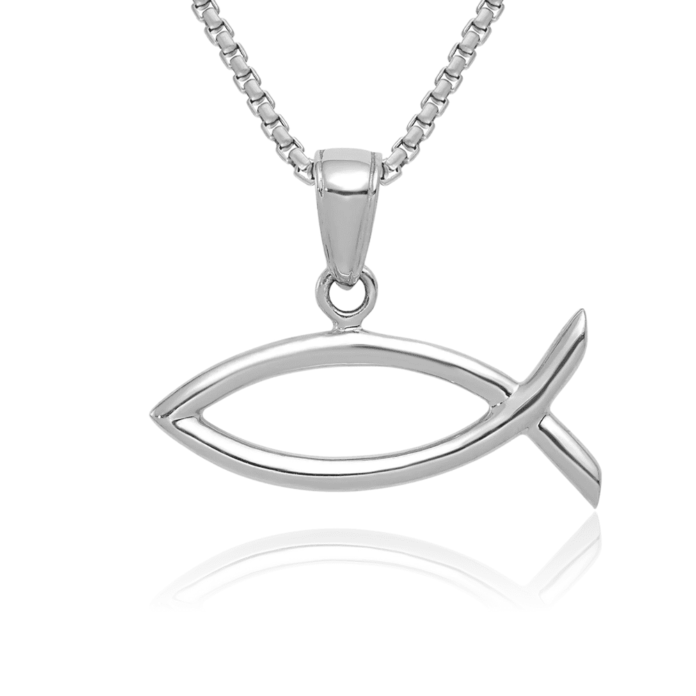 14K Solid White Gold Ichthus Fish Symbol Necklace Religious Chain ...
