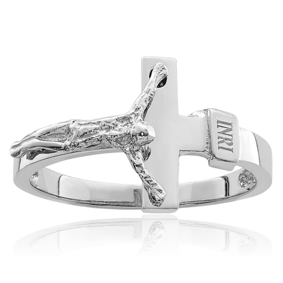 14K Solid White Gold Inri Lord Jesus Christ Crucifix Holy Cross Ring Christian Religious Band ...
