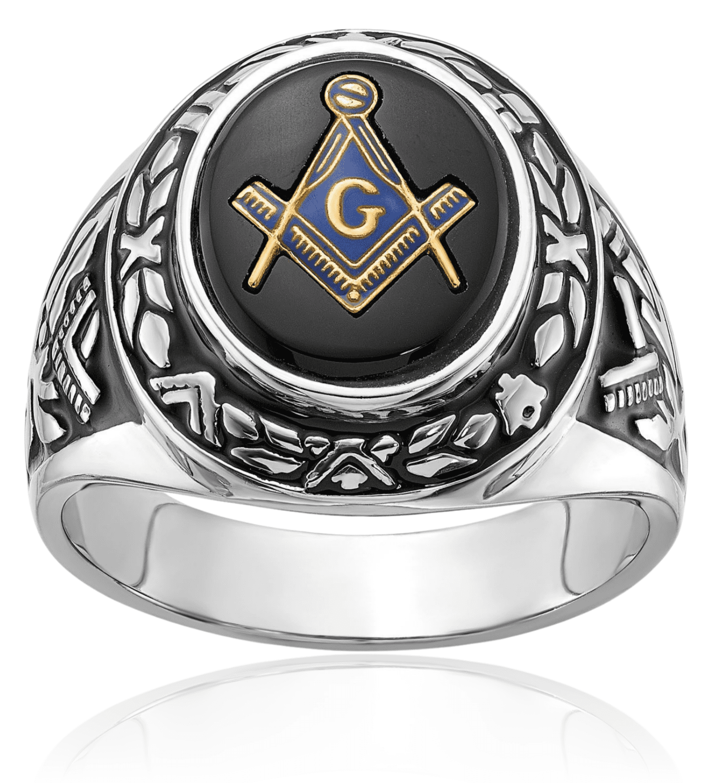 14K Solid White Gold Mens Vintage Oval Black Onyx Master Mason Signet ...