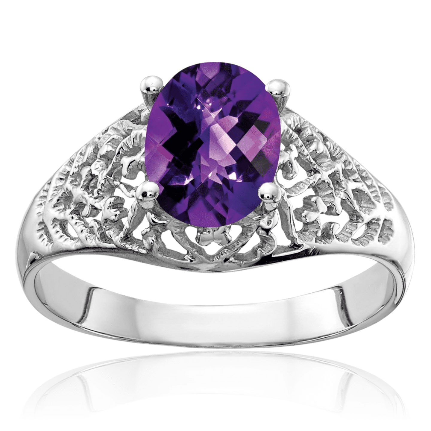 14K Solid White Gold Oval Purple Amethyst Checker Ring Gemstone Band ...