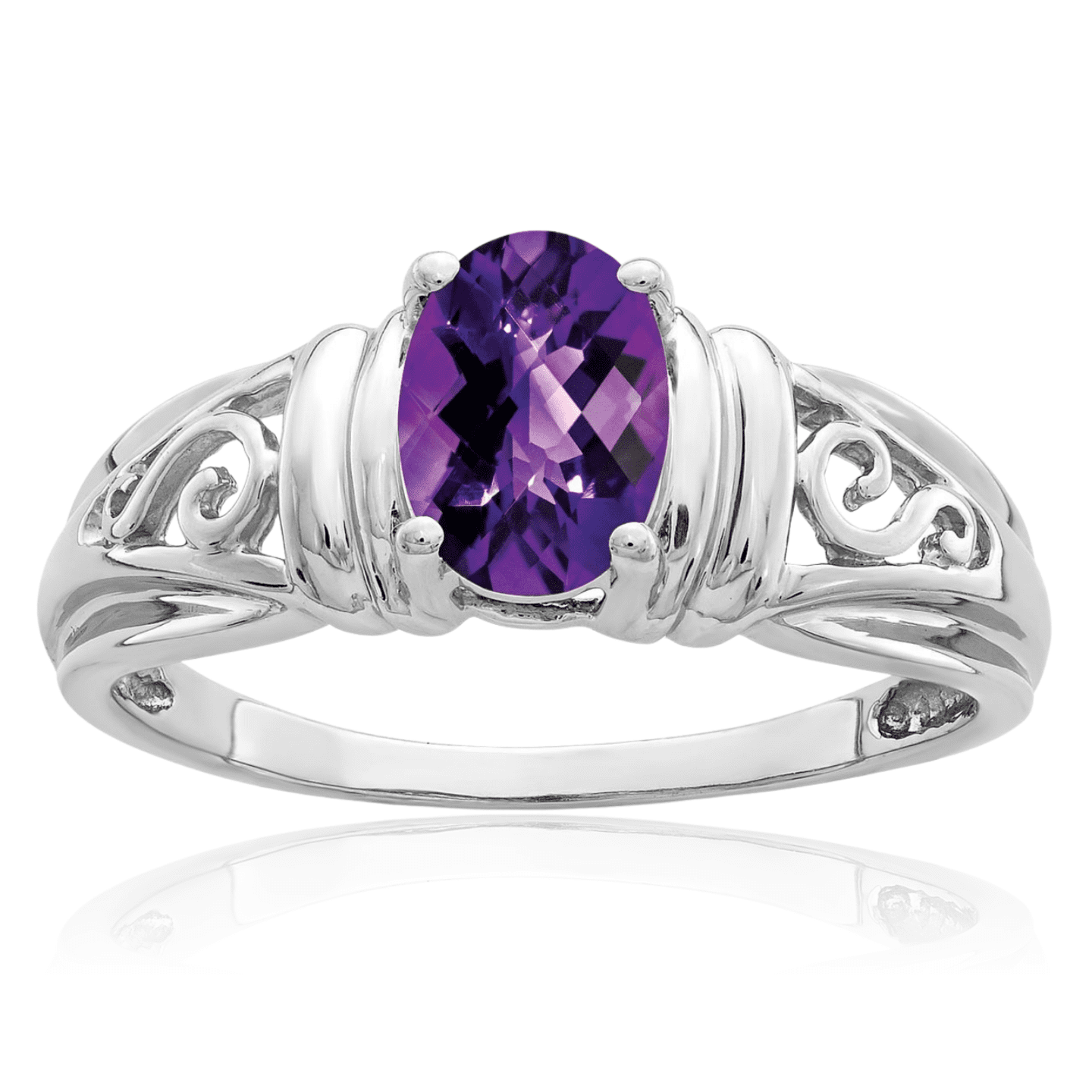 14K Solid White Gold Oval Purple Amethyst Checker Ring Gemstone Band ...