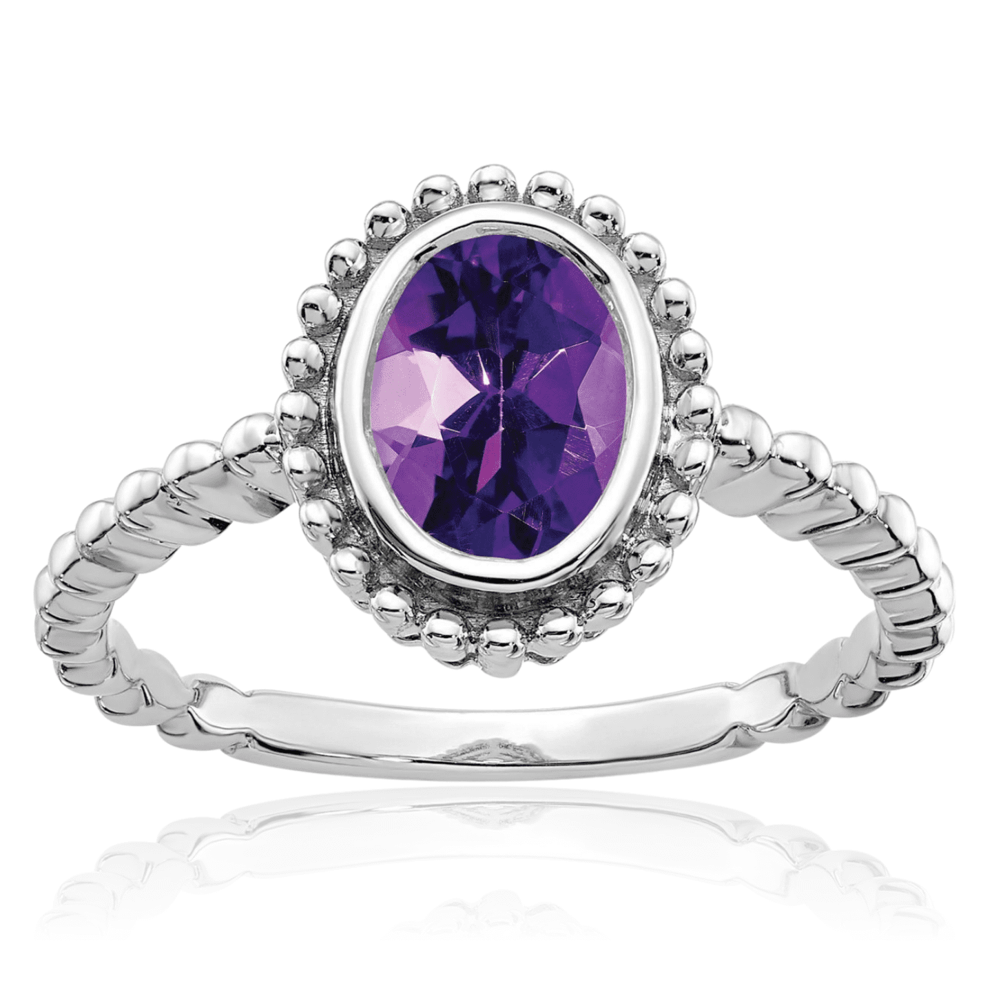 14K Solid White Gold Oval Purple Amethyst Ring Gemstone Band February ...