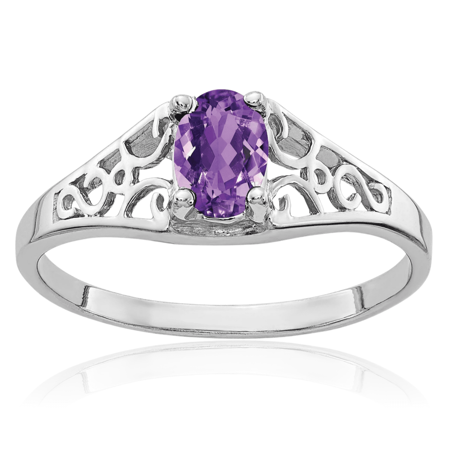 14K Solid White Gold Oval Purple Amethyst Ring Gemstone Band February ...