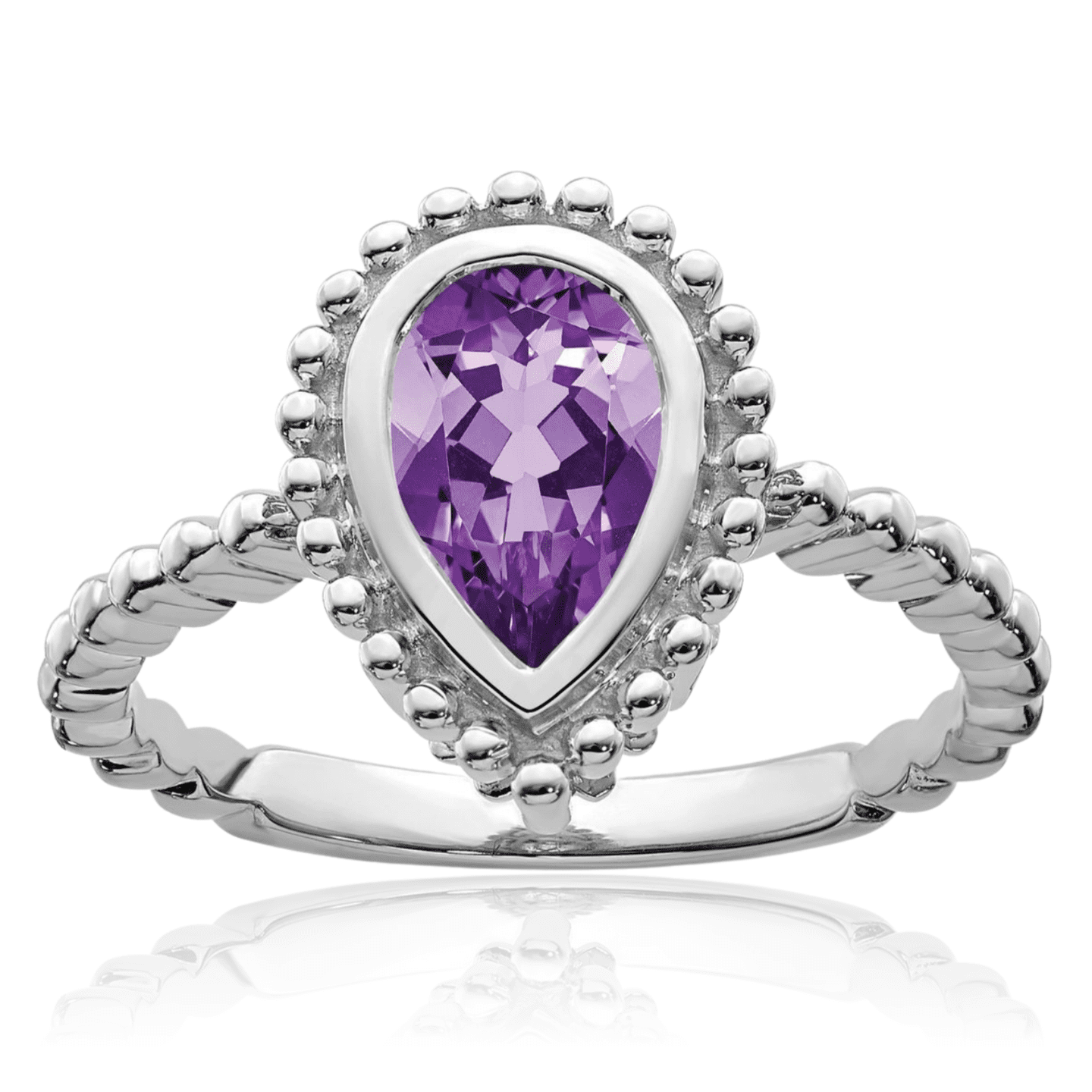 14K Solid White Gold Pear Purple Amethyst Ring Gemstone Band February ...