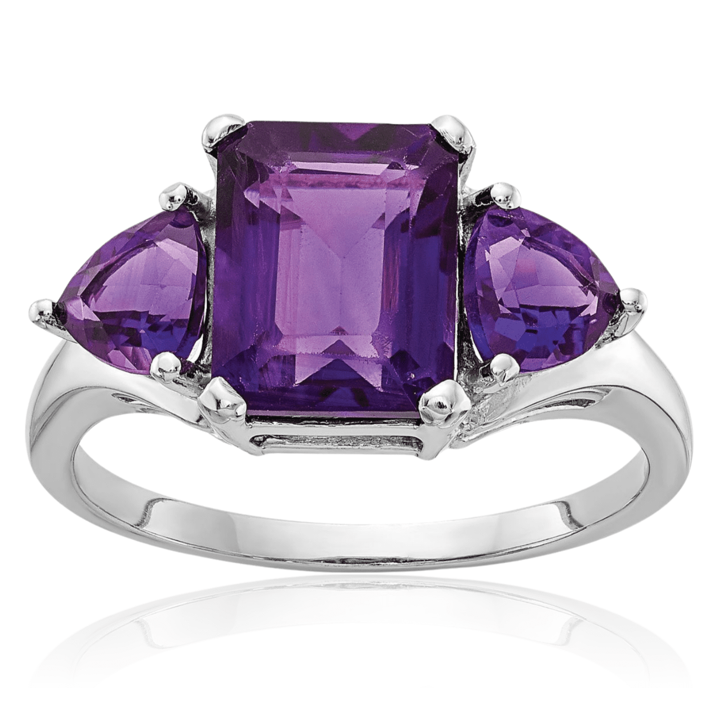 14K Solid White Gold Purple Amethyst 3 Stone Ring Gemstone Band ...