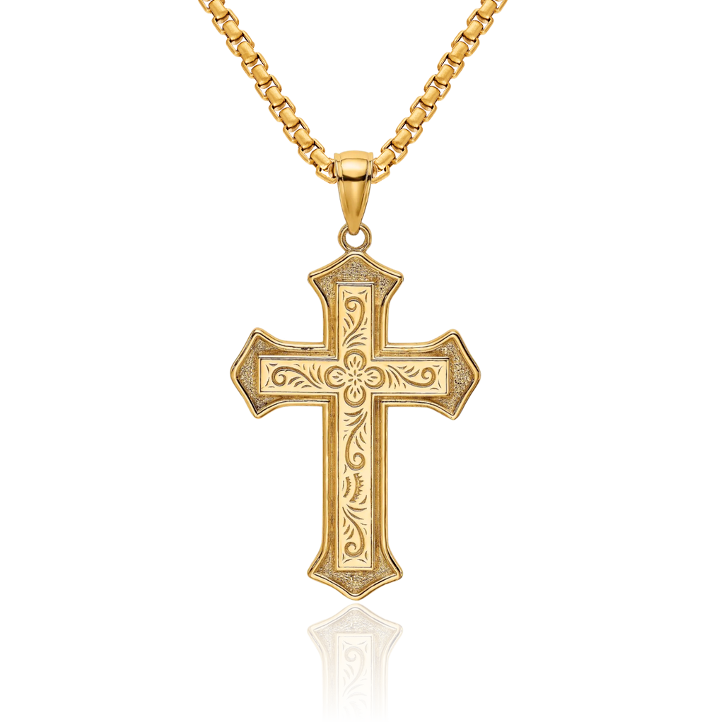 14K Solid Yellow Gold Antique Filigree Block Holy Cross Necklace ...