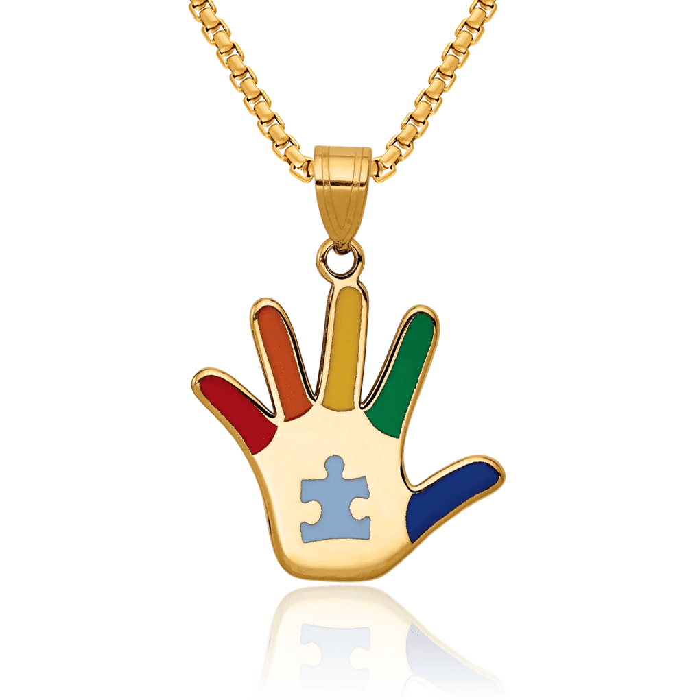 14K Solid Yellow Gold Autism Awareness Puzzle Piece Handprint Necklace ...