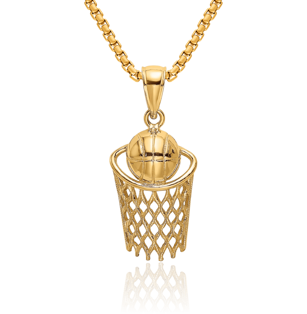 14K Solid Yellow Gold Basketball Hoop Net Necklace Swoosh Charm Sports ...