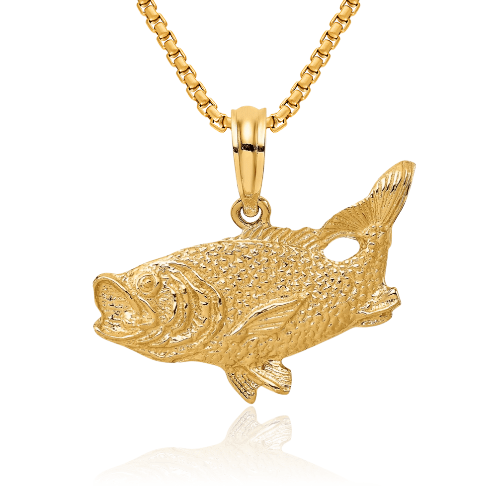 14K Solid Yellow Gold Bass Fish Tail Up Necklace Chain Pendant Charm ...