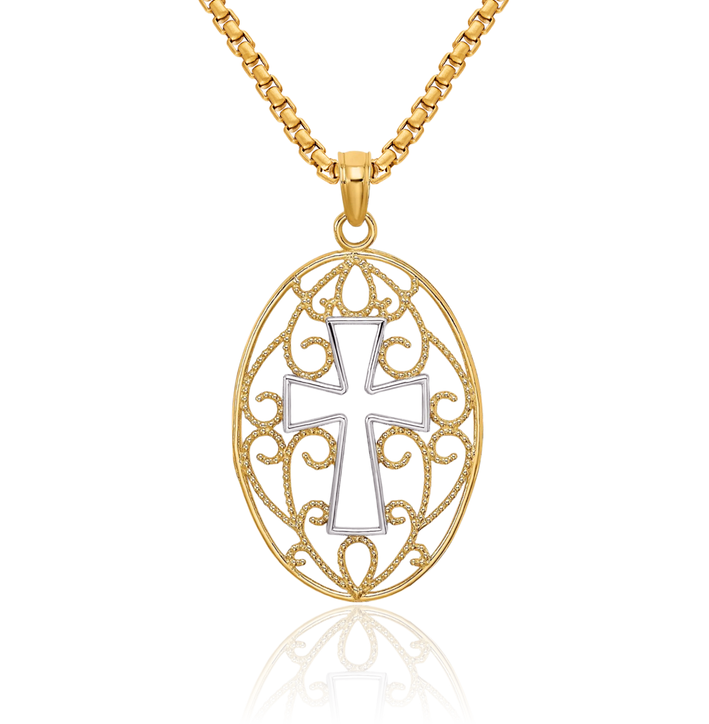 14K Solid Yellow Gold Beaded Antique Filigree Holy Cross Necklace ...